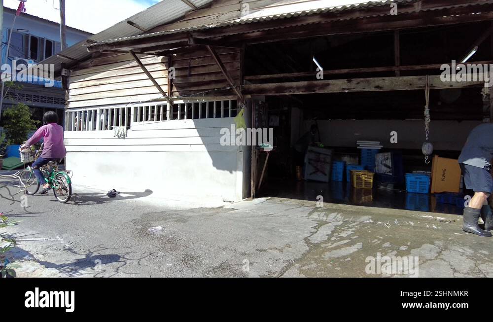 Slow follow the back of a woman cycling at the fishing village road ...