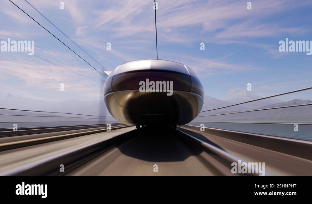 Fast Modern High-speed bullet Train Crossing Bridge with Mountains in ...
