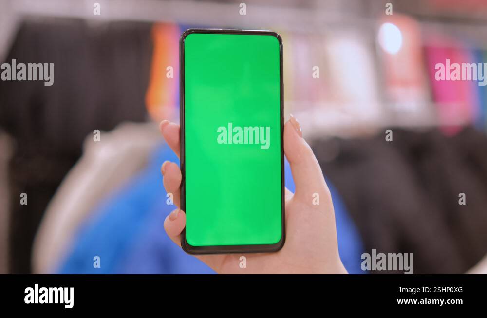 Mall. Use green screen for copy space closeup. Chroma key mock-up on ...