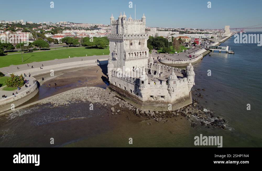 5.4K Drone shot of The Belém Tower -Torre de Belém Tower was built ...
