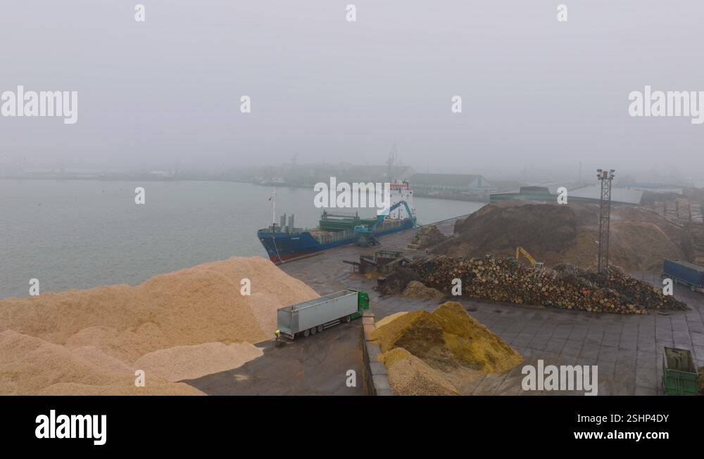 Aerial establishing view of wood terminal crane loading timber into the ...