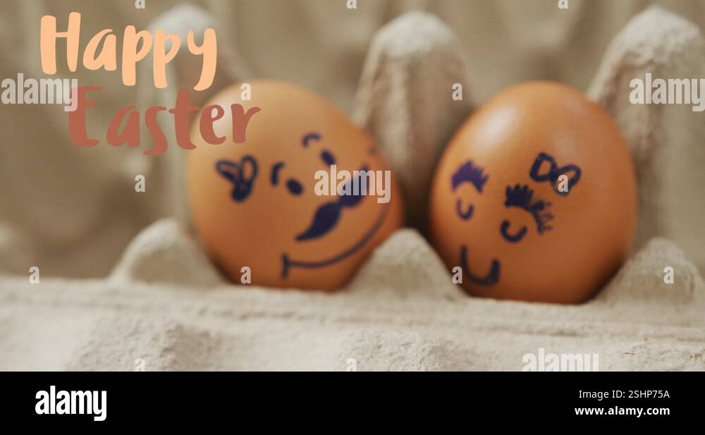 Animation of happy easter over eggs with faces in egg cardboard Stock ...