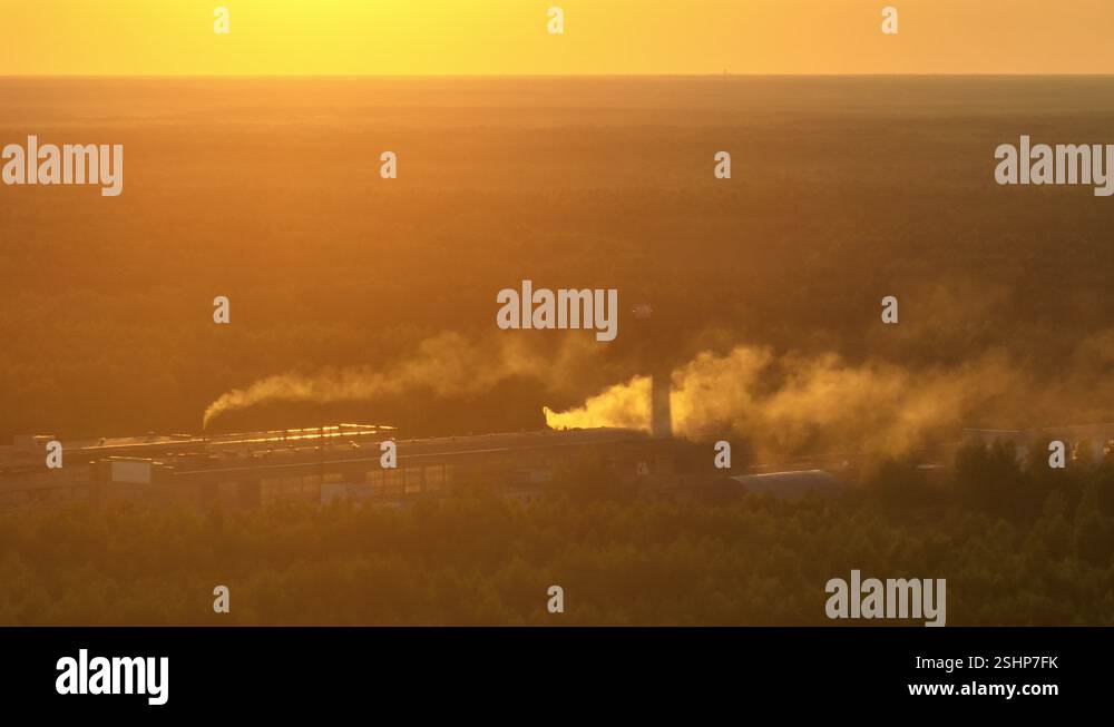 Aerial view. Production or factory in the wild forest. Far from ...