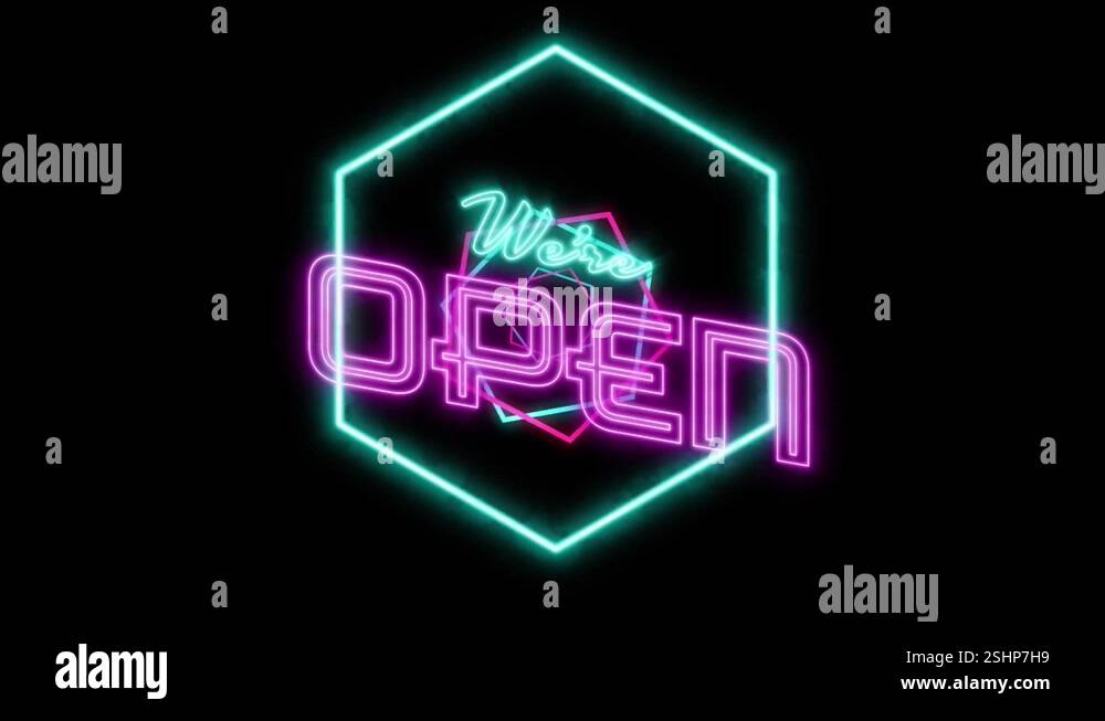 Animation of we're open text over neon shapes on black background Stock ...