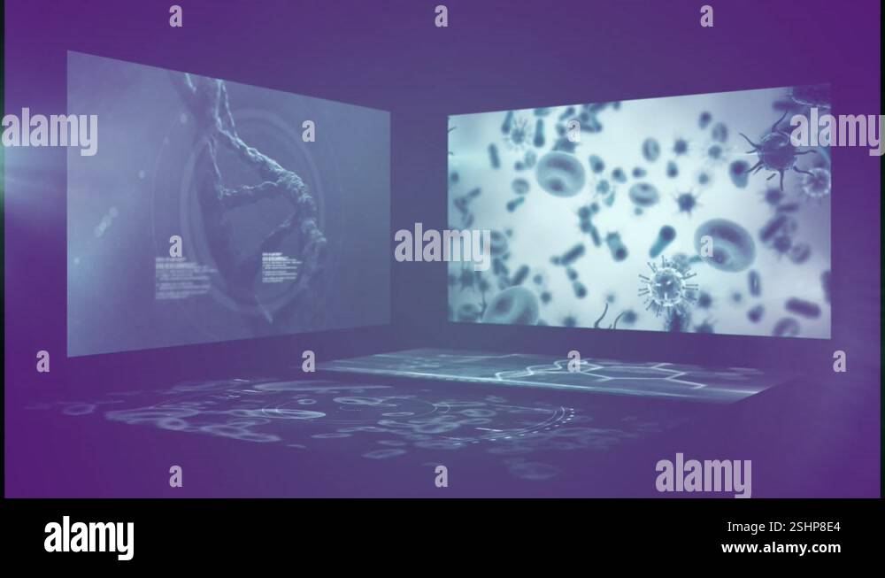 Animation of viruses infected blood cells, dna helix, computer language against Stock Video ...