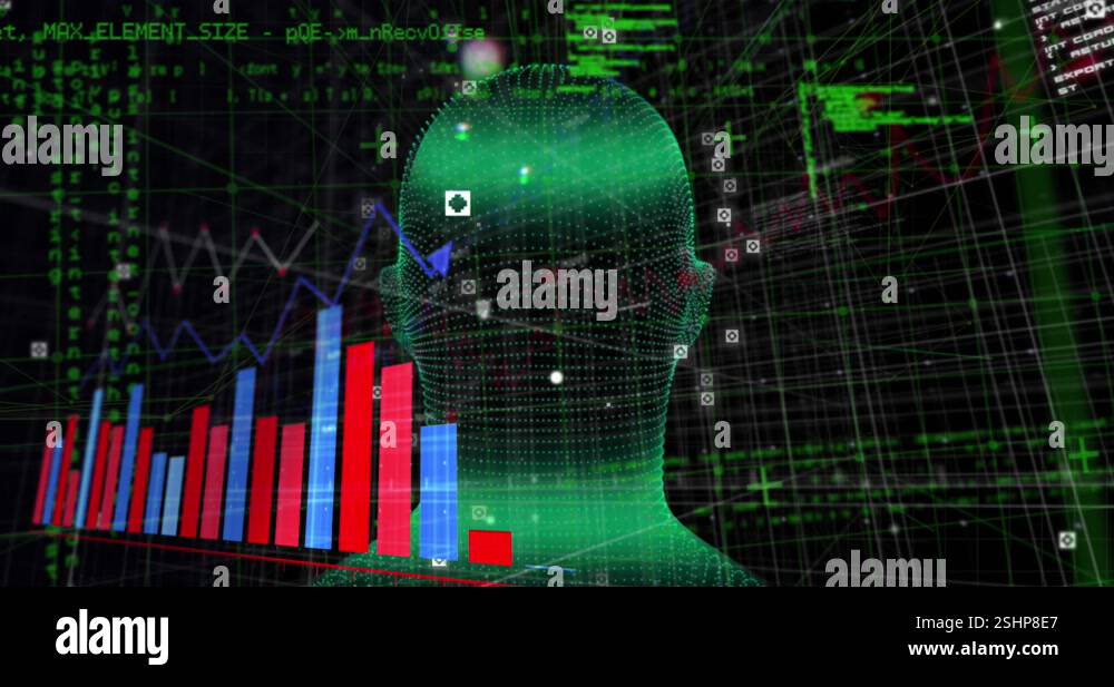 Animation of data processing and bar graphs over spinning head model ...