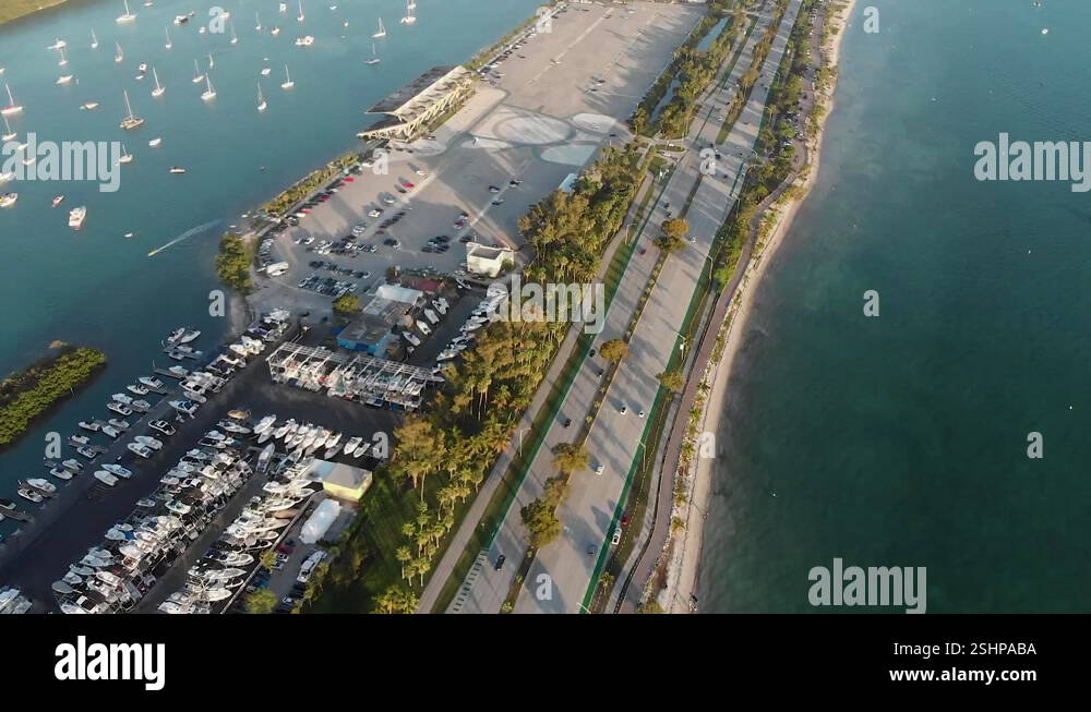 Stunning aerial bird's view of Miami marine stadium with road by sea ...