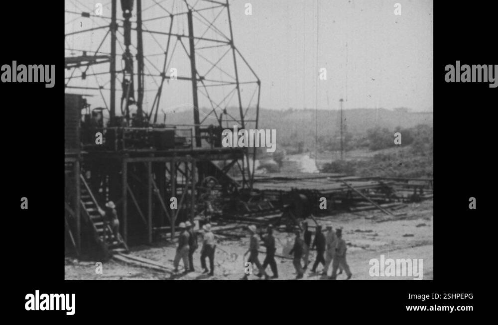 1950s: Oil rig and oil drill. Map of Mexico. Text: Cattle ranching ...