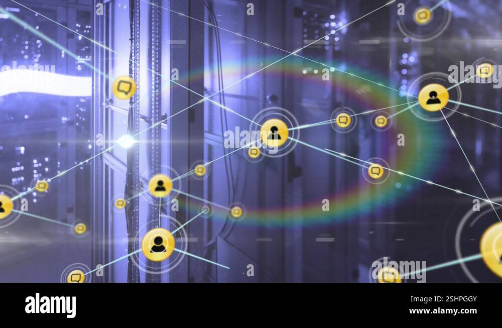 Animation of connected dots and lens flares against illuminated server ...