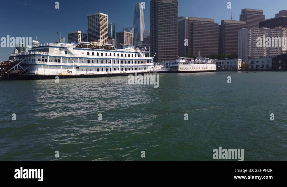 Gimbal shot tilting up to the San Francisco Belle ship docked at the ...