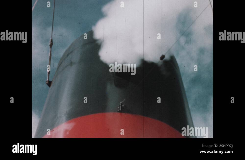 1950s: Girl posing with flower. Steam rising from ship. Shots of flags ...