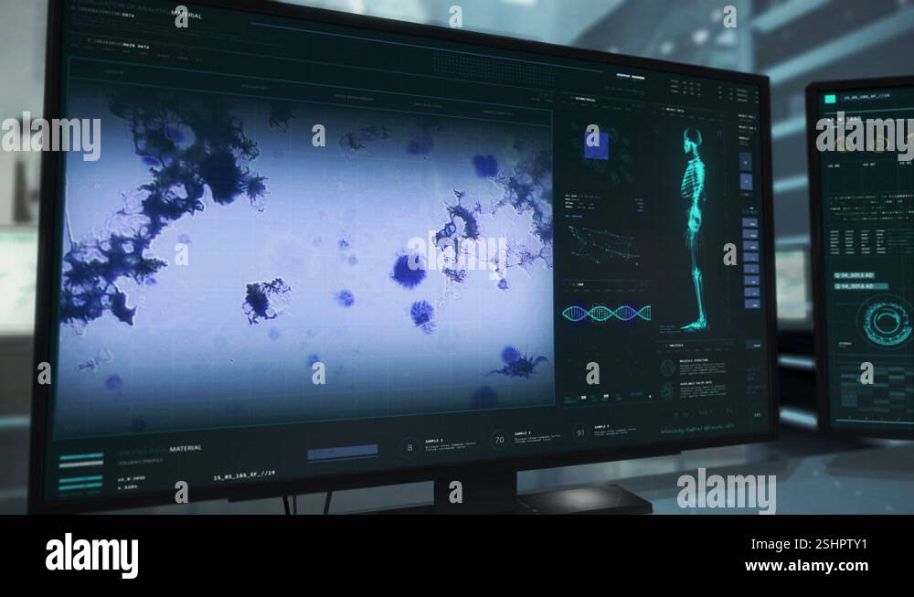 Modern laboratory software is examining the microbe cells under the ...