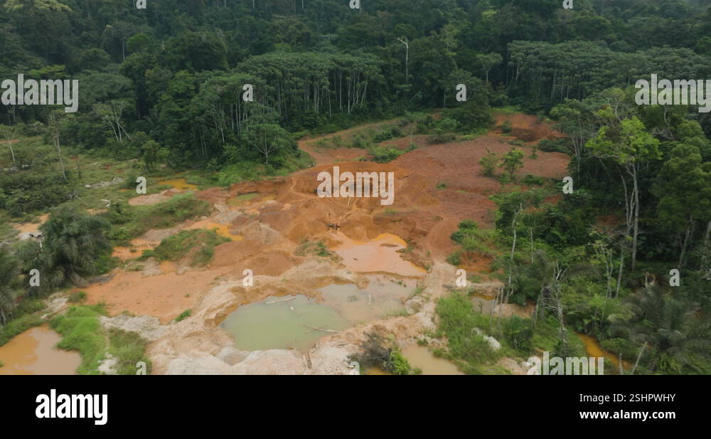Aerial zoom out.Deforestation.Climate change.Illegal artisanal gold ...