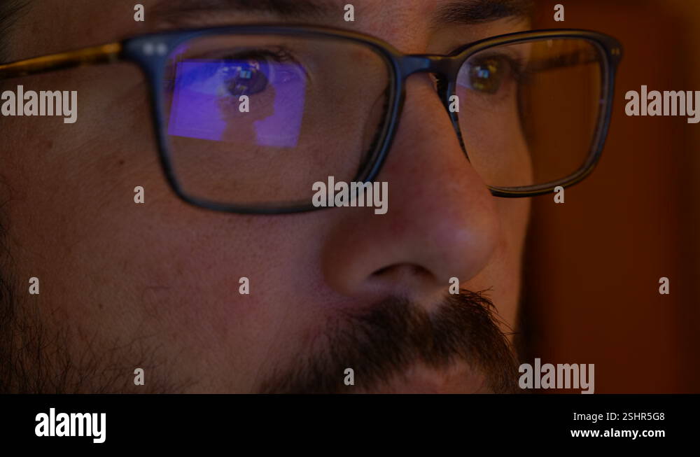 Sad Man Eyes While Watching Atomic Bomb Video Reflection on Glasses ...