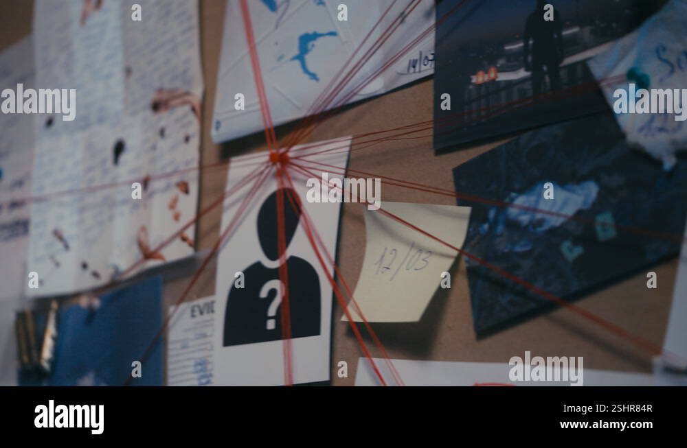 Crime scene photos, fingerprints, paper notes on evidence board ...