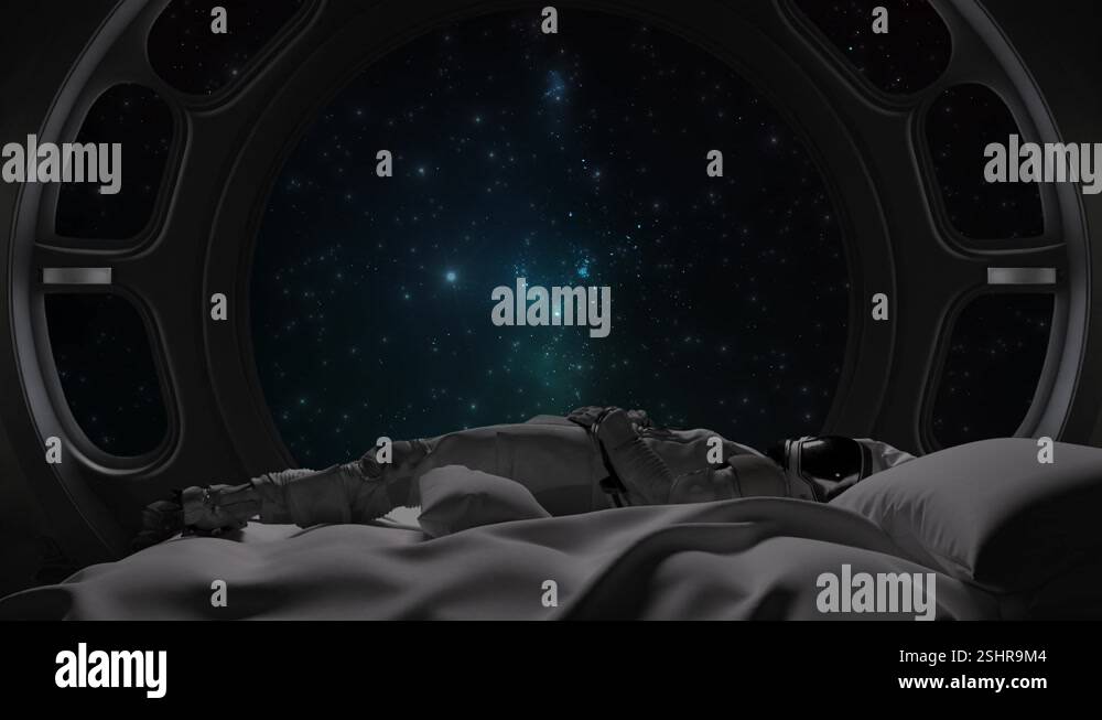 CGI Animation: An astronaut lying on a bed with a large round window ...