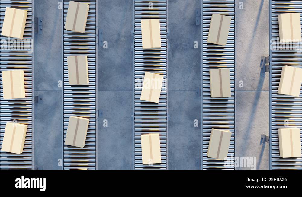 CGI Animation: A queue of cardboard boxes running on a roller conveyor ...