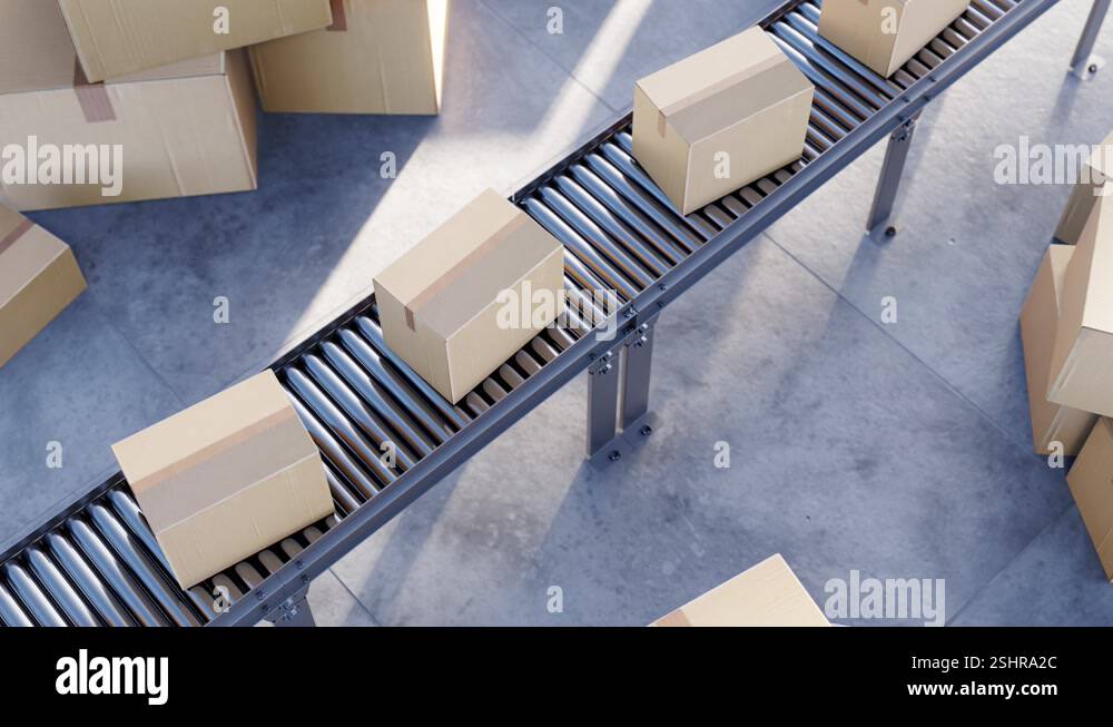 CGI Animation: A queue of cardboard boxes running on a roller conveyor ...