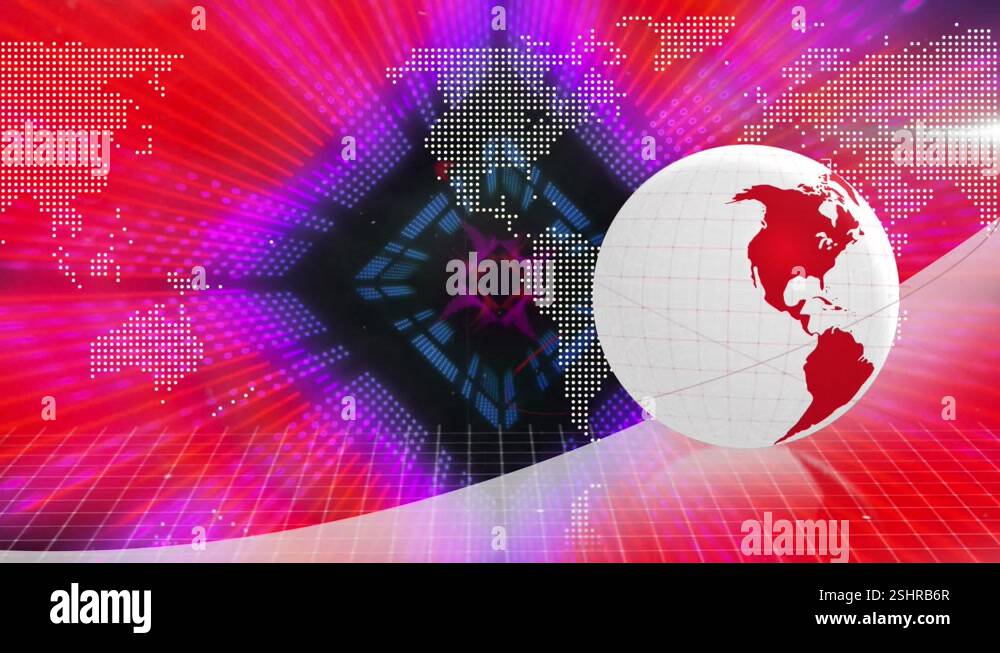 Animation of spinning globe and world map over neon tunnel in seamless ...