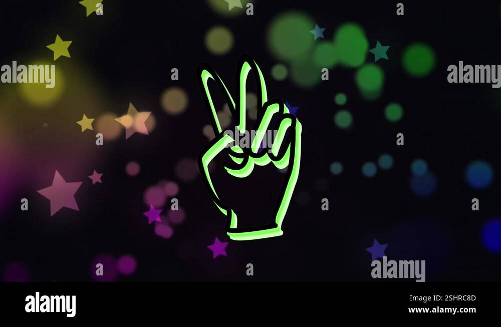 Animation of neon victory sign over stars and glowing spots on black ...