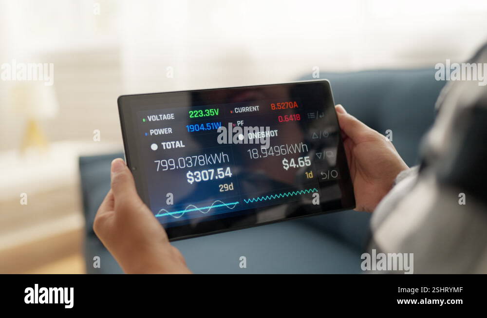 Smart electric meter calculating energy consumption costs, mobile app ...