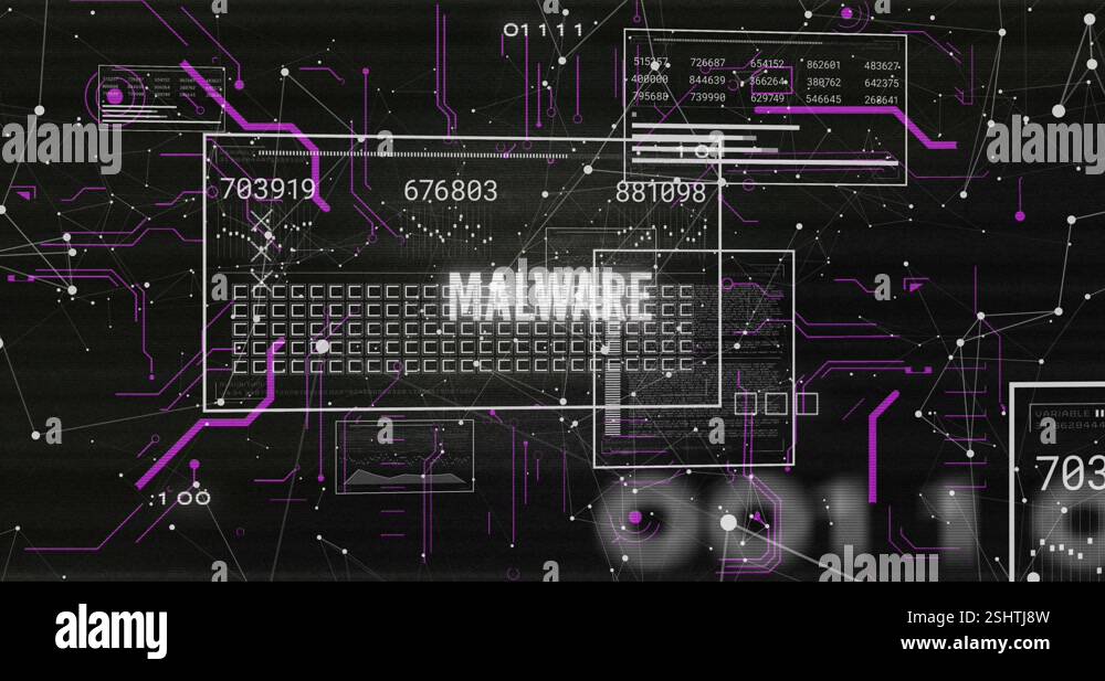 Animation of malware text, loading bars, changing numbers against connected dots Stock Video ...