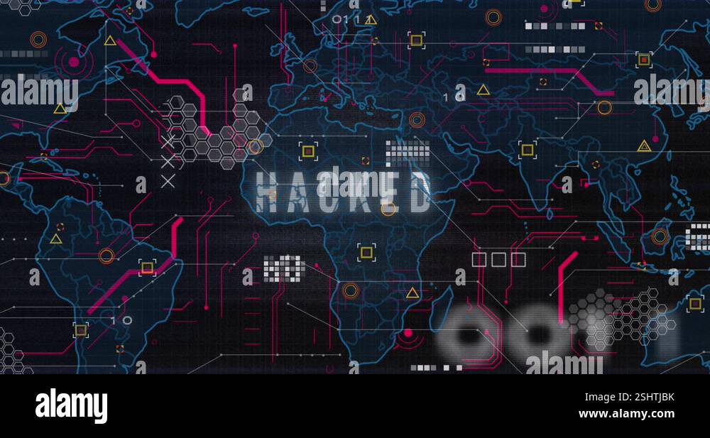 Animation Of Hacked Text In Circuit Board Pattern Over Map And Binary