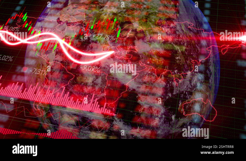 3D Motion of red candlestick graph chart of stock market trading with ...