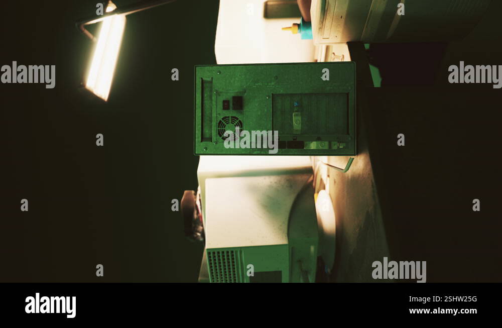 vertical of Old computers from the 80s in an abandoned computing center ...