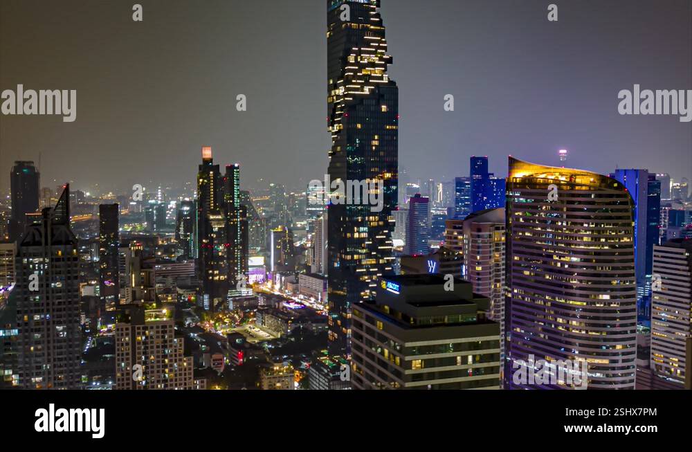 Bangkok city center at night with busy bustling streets, View of the ...