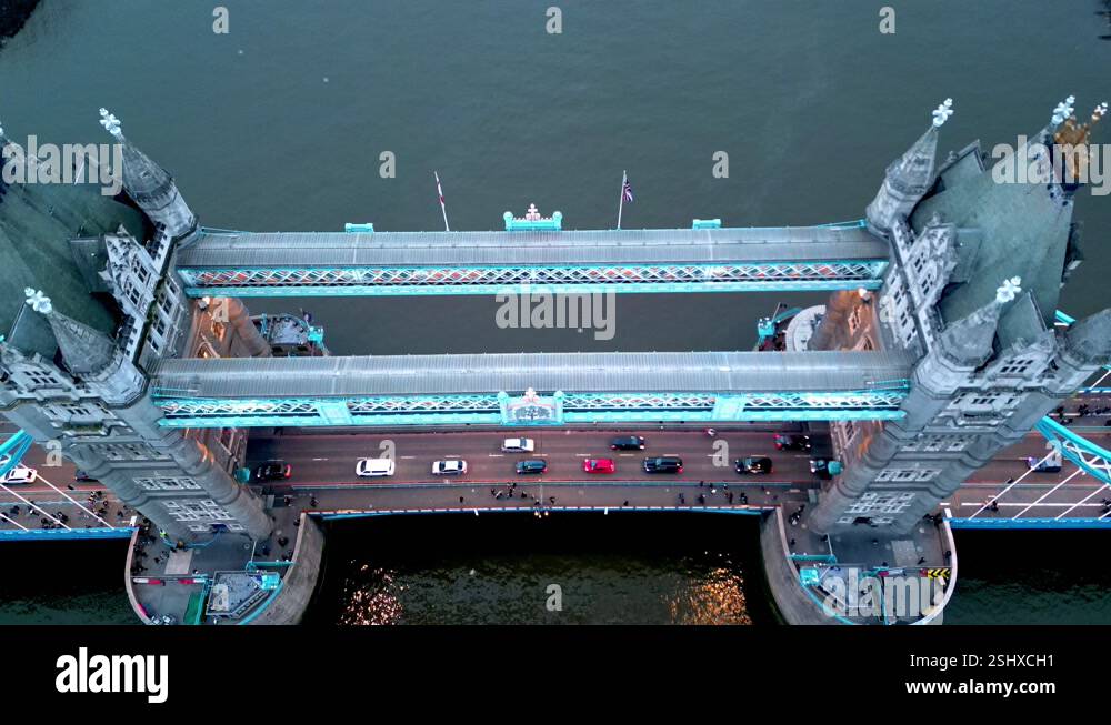 Dolly out tilt up drone shot of the Tower bridge in London. Shot during Stock Video Footage - Alamy