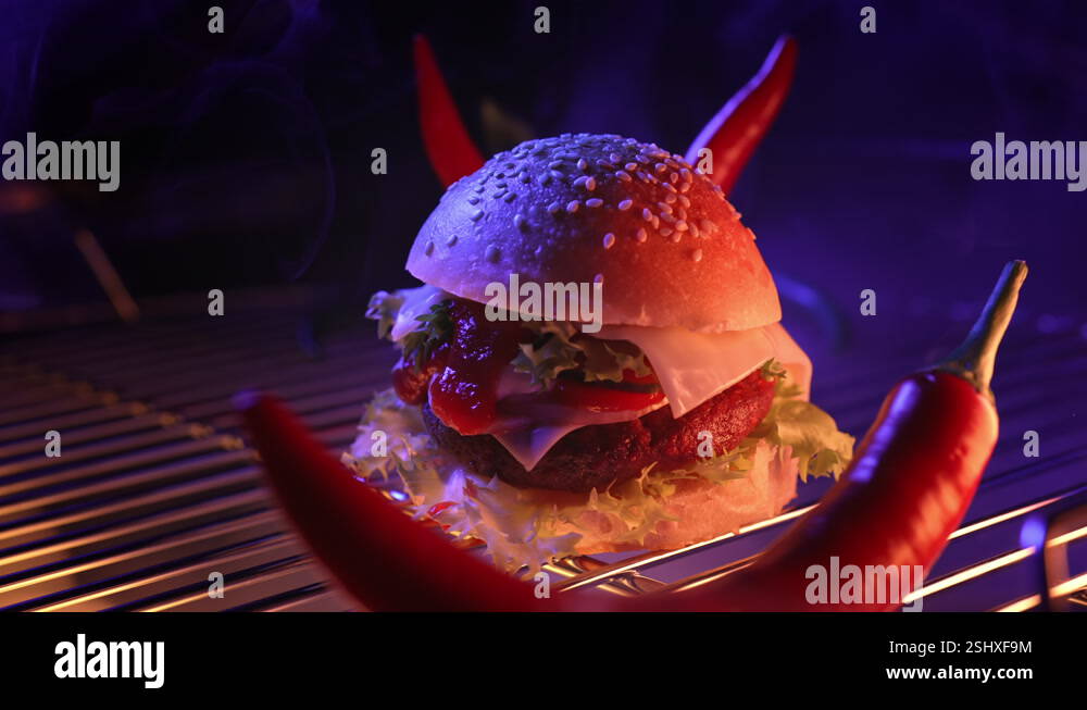 Burger with chili pepper as devil horns. Hot grilled on grill, piquant ...