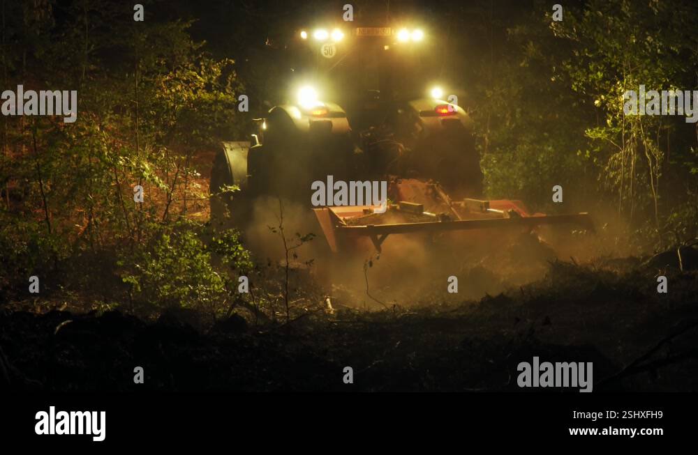Forestry mulcher creates cloud of dust when working in the forest at ...