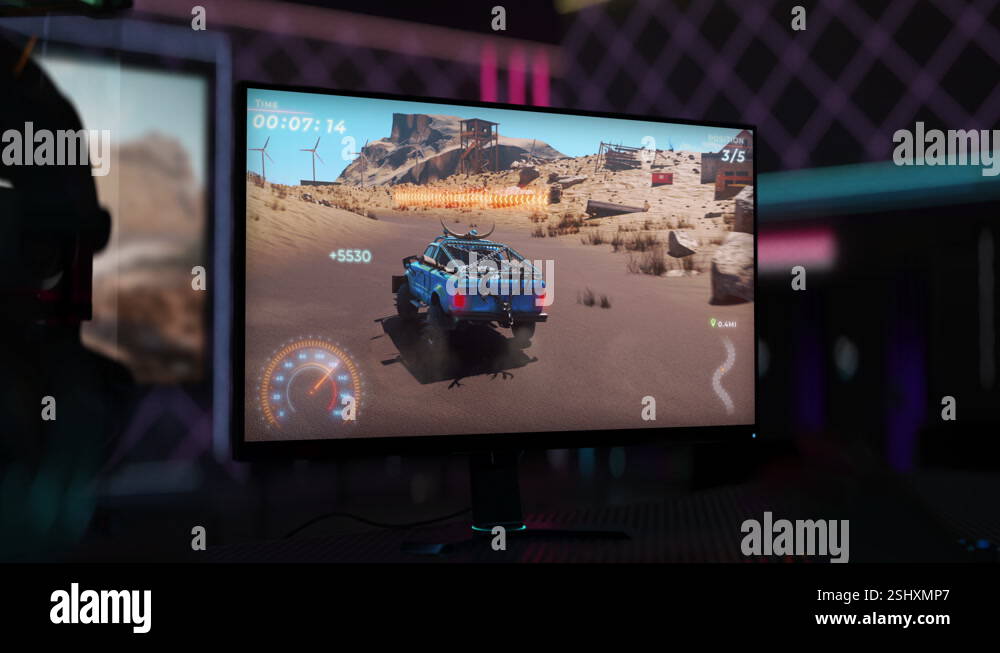 Drifting the blue truck on the sandy road in the modern pc racing ...