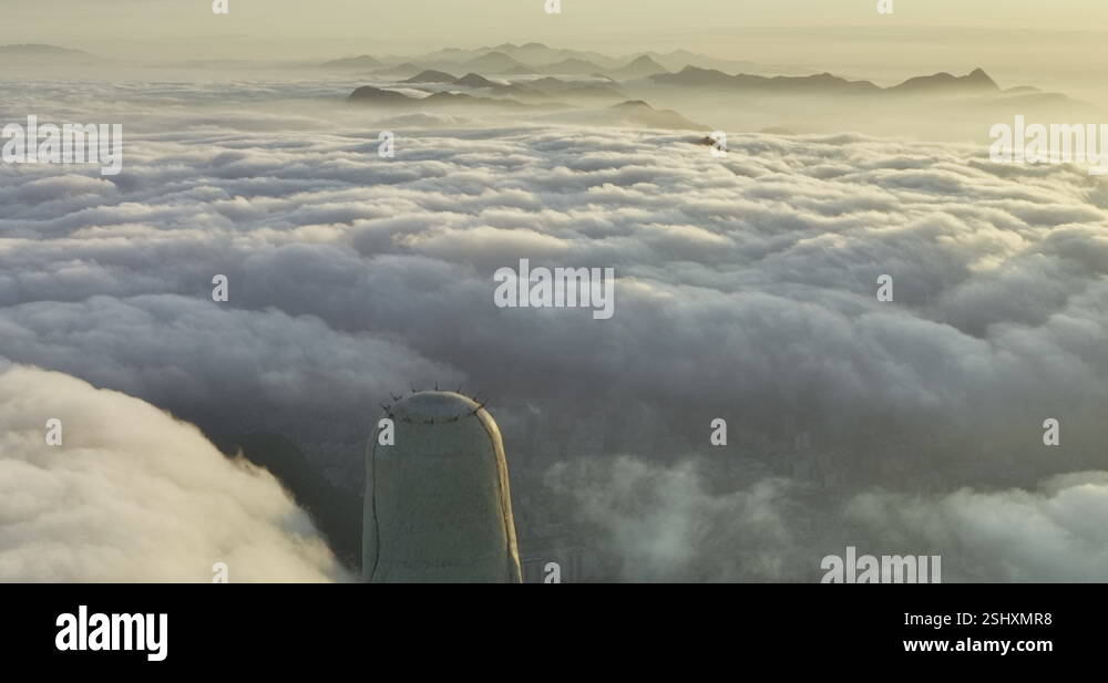 Flying backwards above Christ on Corcovado Hill overlooking Rio de ...
