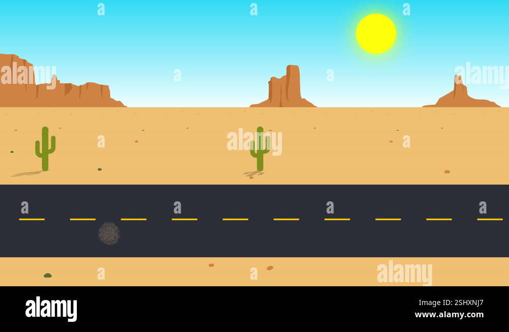 Desert road cartoon 2D animation seamless loop with a few cars passing ...