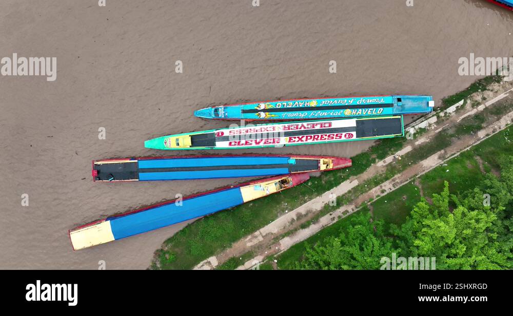 Lancha Boats express transporttion and fishing in Peru, Pacalpa. Aerial ...