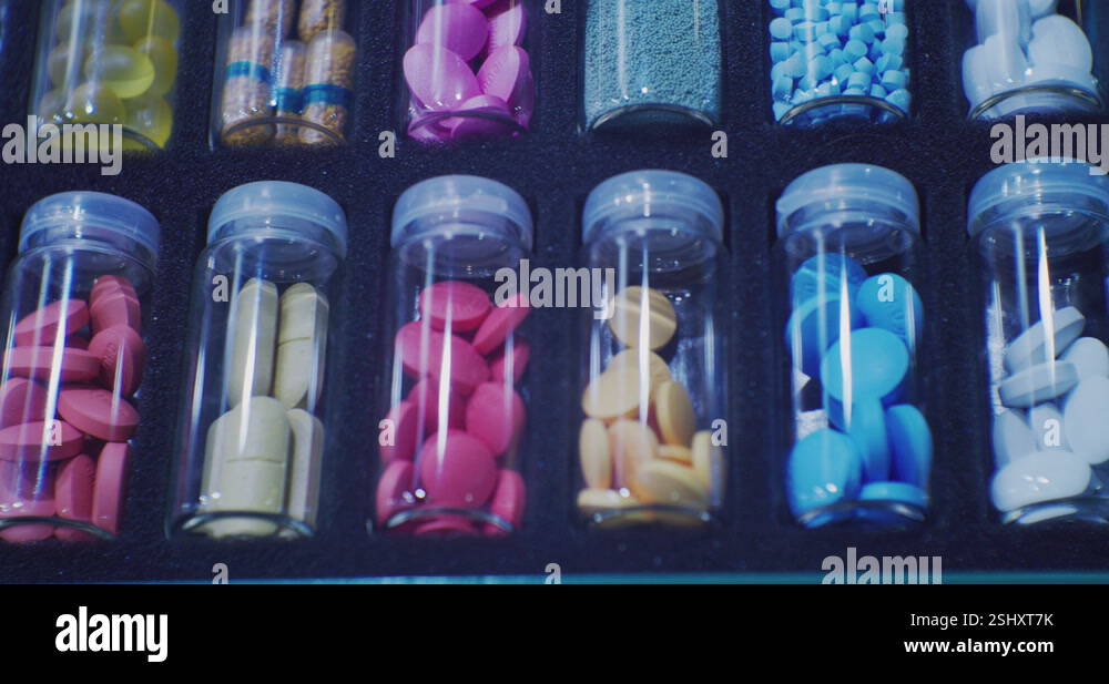 .drugs of different shapes and colors packaged in identical transparent ...