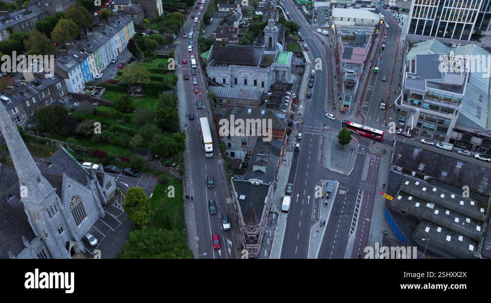 Downtown Street Traffic And Buildings In Cork City, Ireland - aerial ...