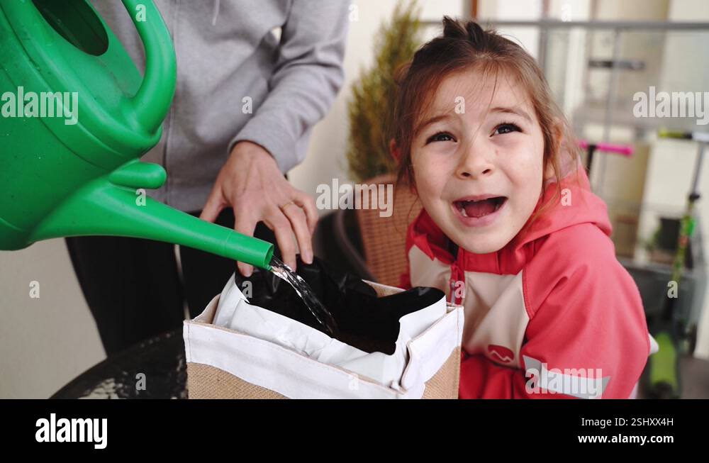 5 years old child with granny watering seeding plants on their urban ...