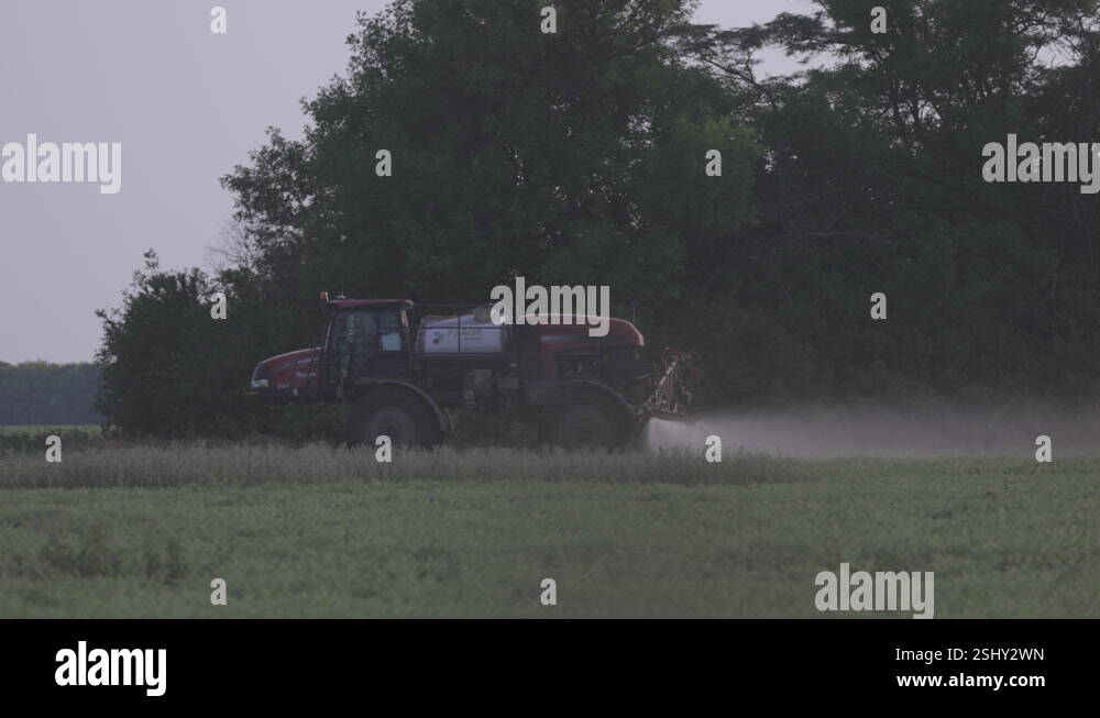 Sprayer CASE 3330 spraying pesticides on chickpea field. Field ...