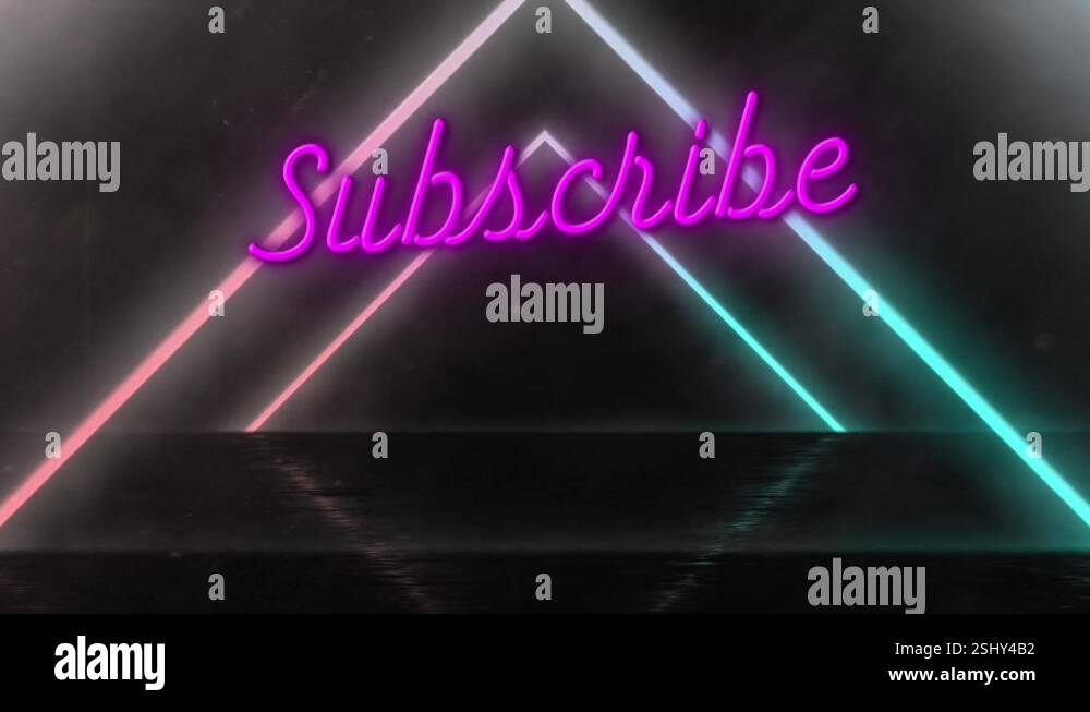 Animation of subscribe neon text over neon lines on black background ...