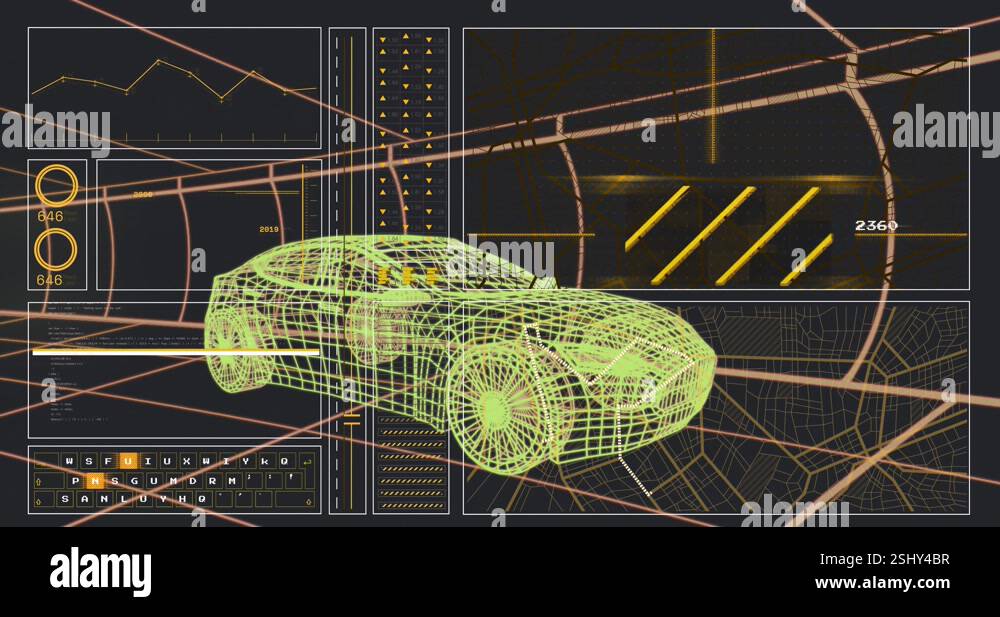 Animation of 3d model of car in tunnel over graph, loading circles and ...