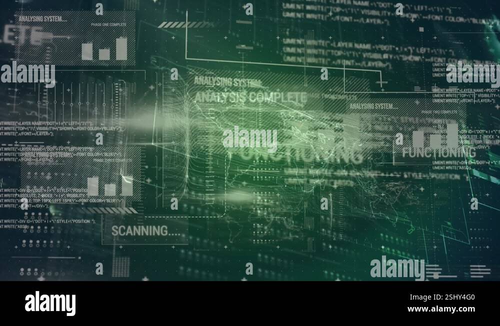 Animation of computer language over texts, map, graphs, loading bars, globe on Stock Video ...