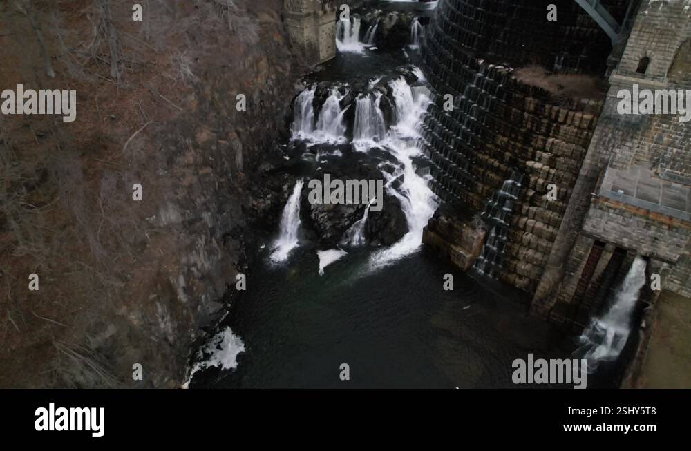 An aerial view over the waterfalls at the Croton Gorge dam in upstate ...