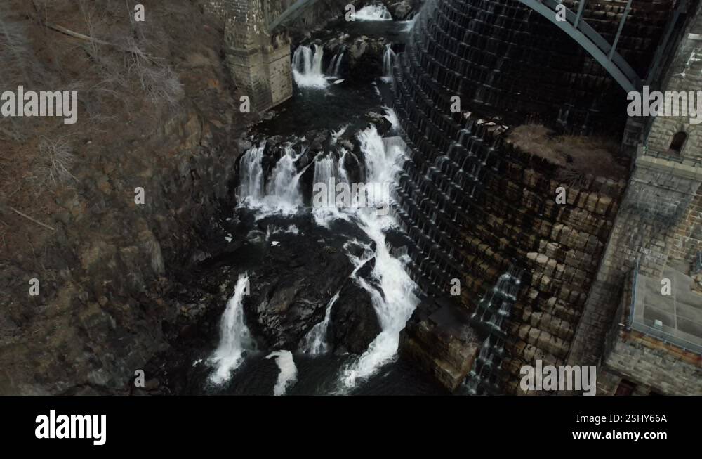 An aerial view over the waterfalls at the Croton Gorge dam in upstate ...