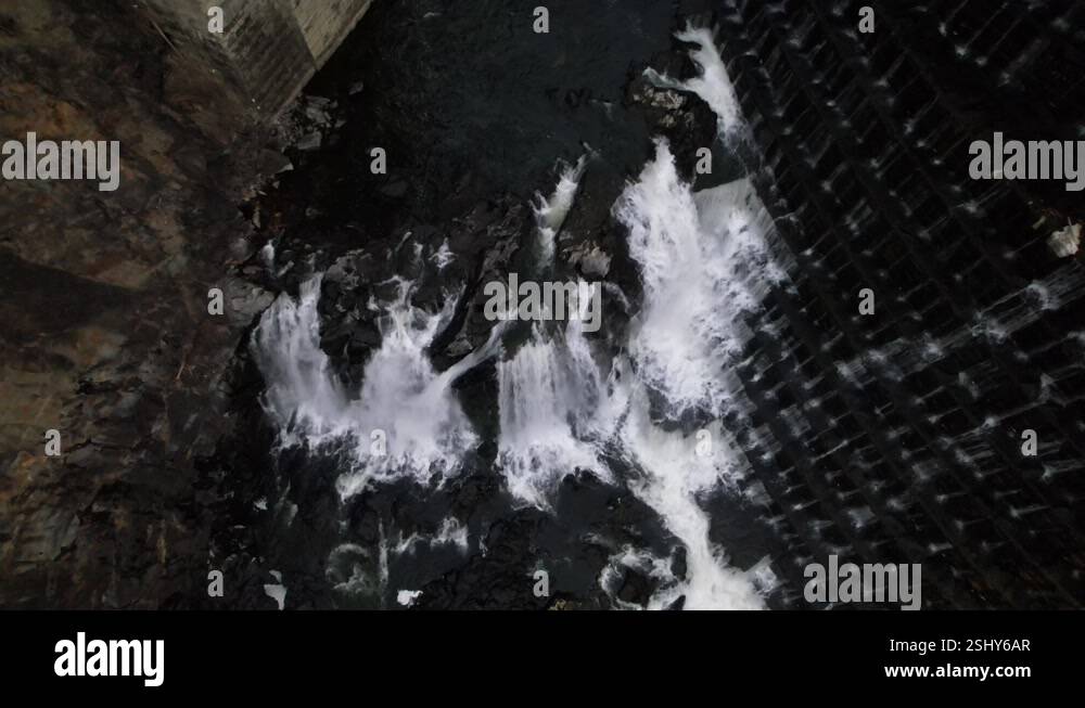 An aerial view over the waterfalls at the Croton Gorge dam in upstate ...
