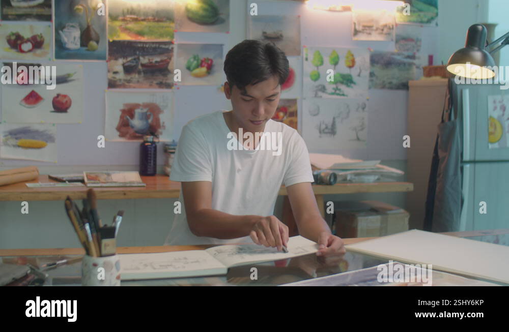 Asian Artist Drawing with Wax Crayon in Creative Studio Stock Video ...