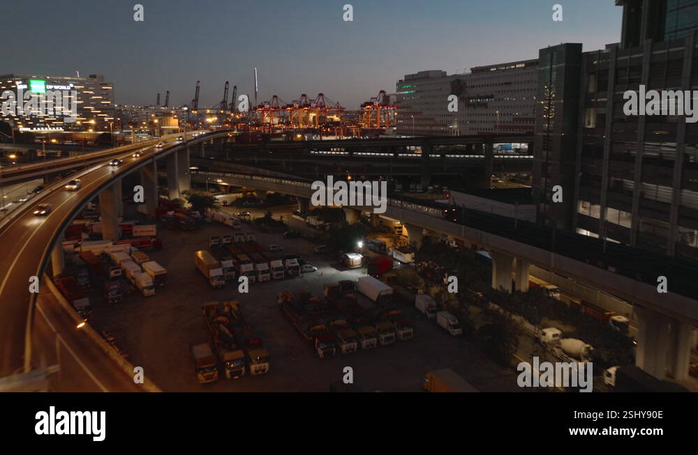 Aerial forward flight over bridges and roads with traffic in the ...