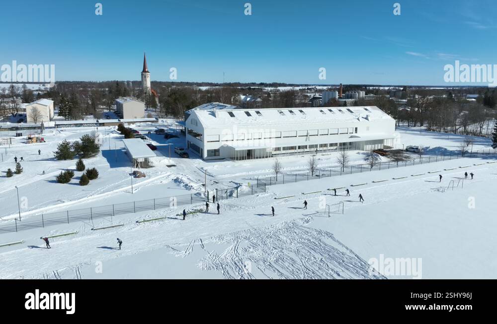 Drone view of the new Haljala school building and the stadium where ...